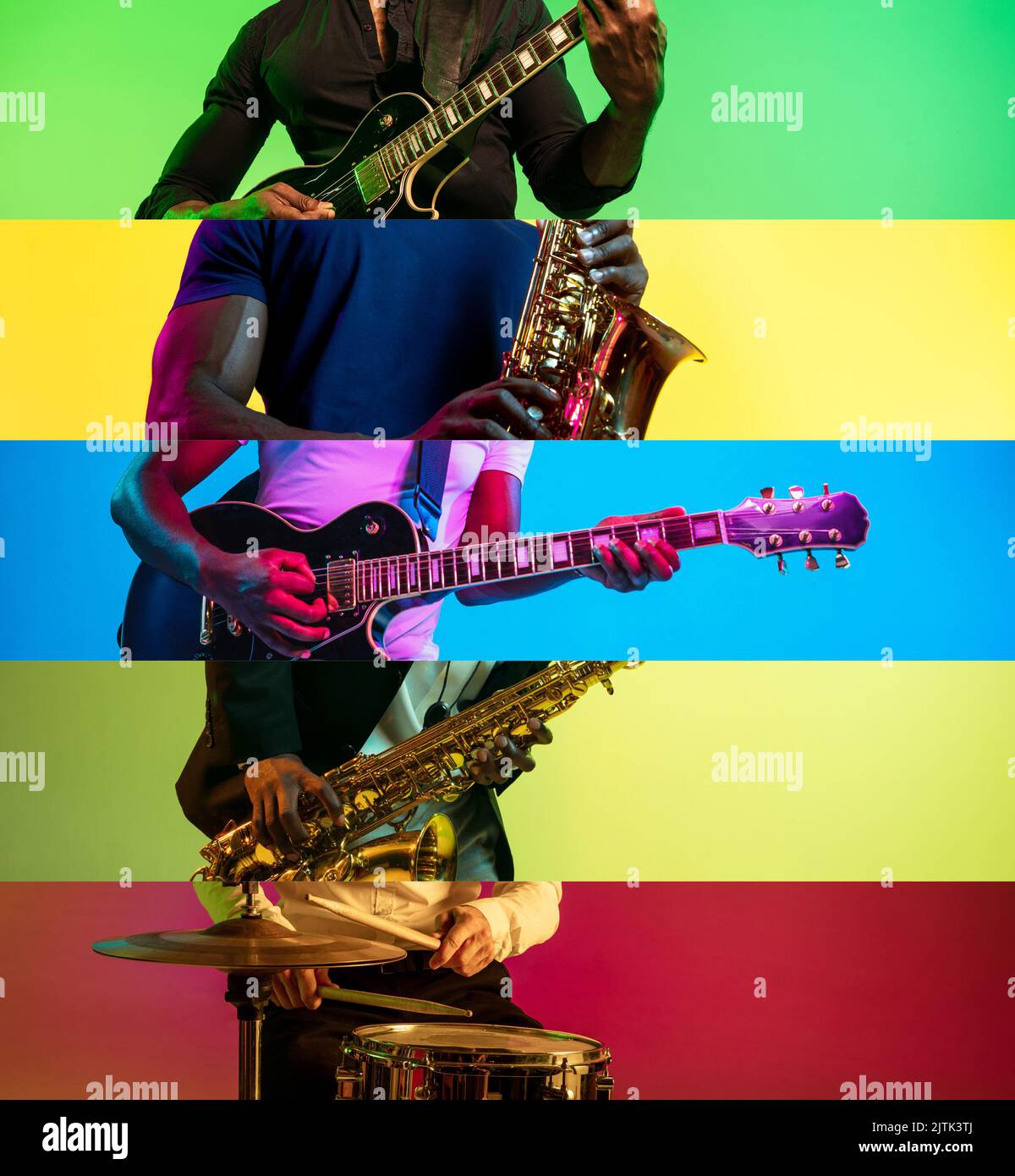 Collage with cropped portraits of young emotional talented musicians on ...