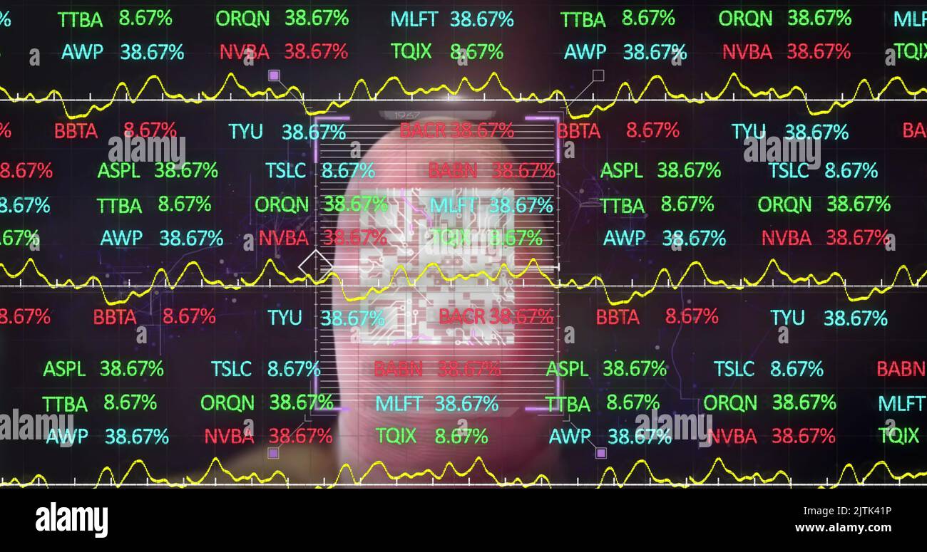 Image Of Stock Market Data Processing Against Fingerprint Scanning Over Qr Code Scanner Stock