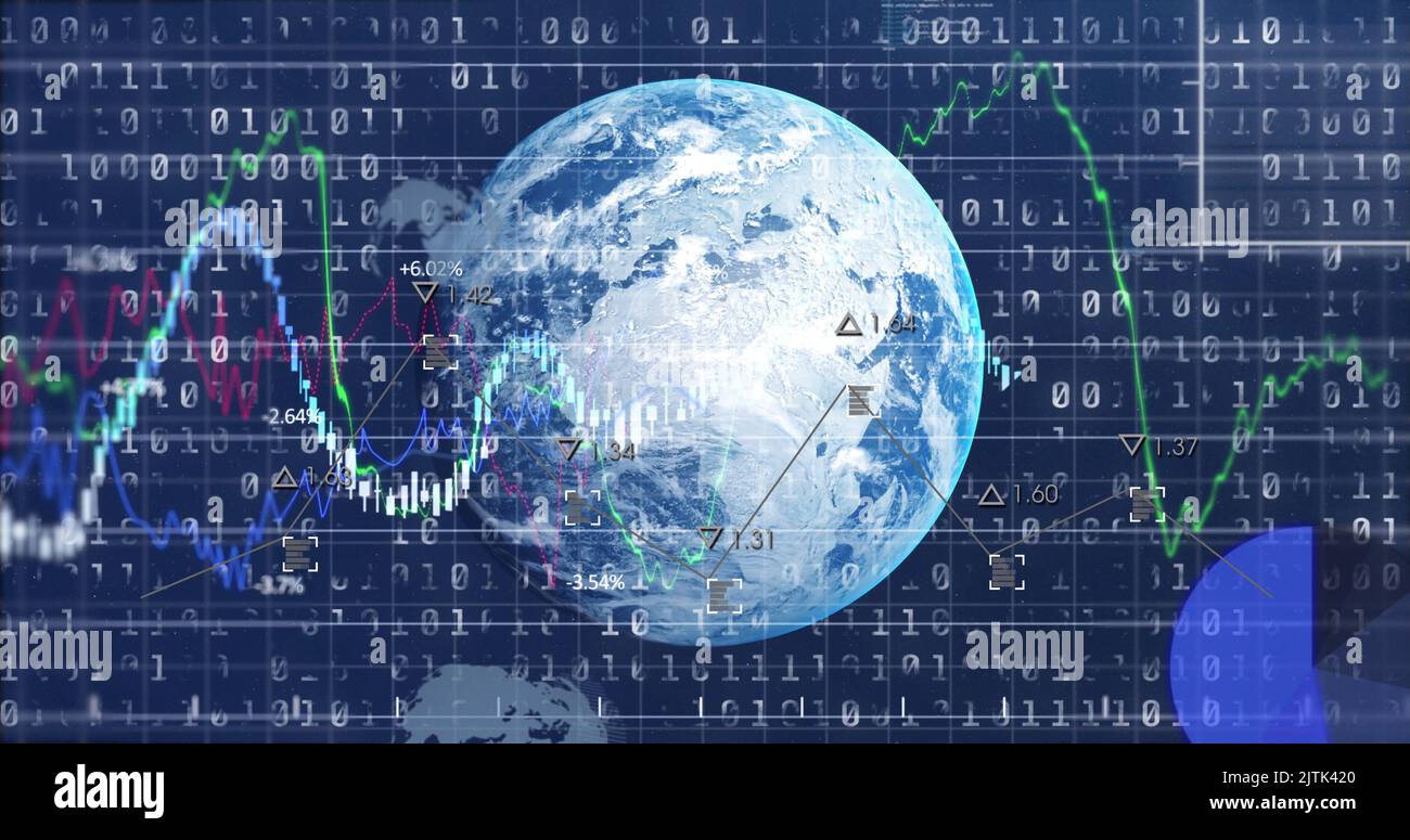 Image of globe, binary code, graphs and financial data on digital screen Stock Photo - Alamy