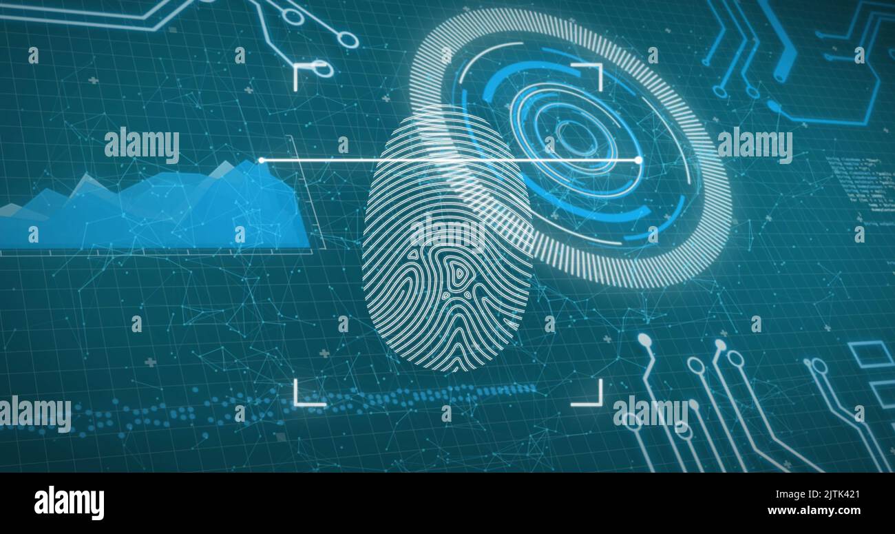 Image of biometric fingerprint scanner over interface with data processing on blue background ...