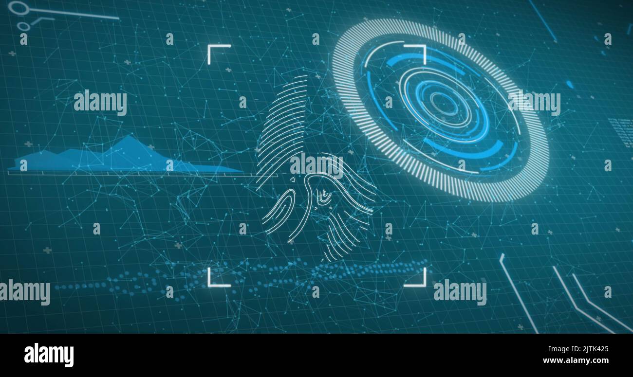 Image of biometric fingerprint scanner over interface with data processing on blue background ...