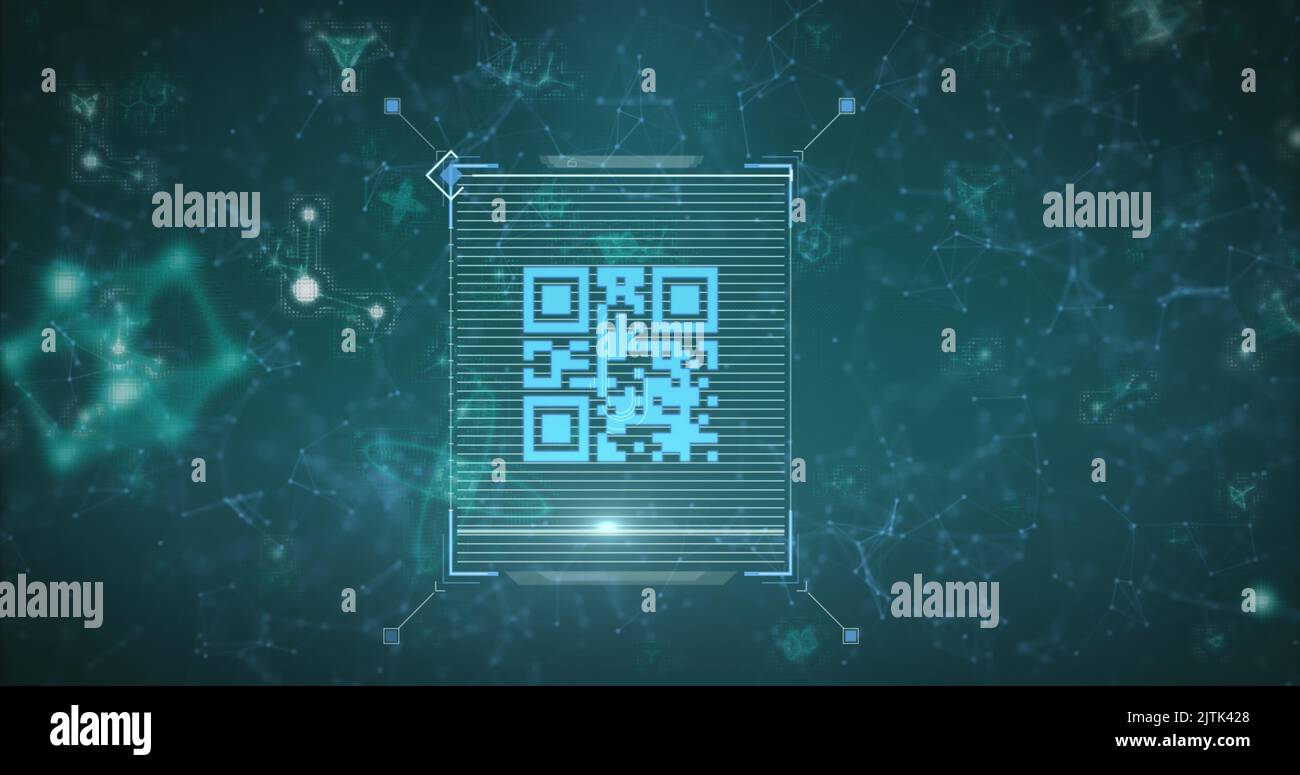 Image of scanner processing blue qr code over communication networks on dark background Stock ...