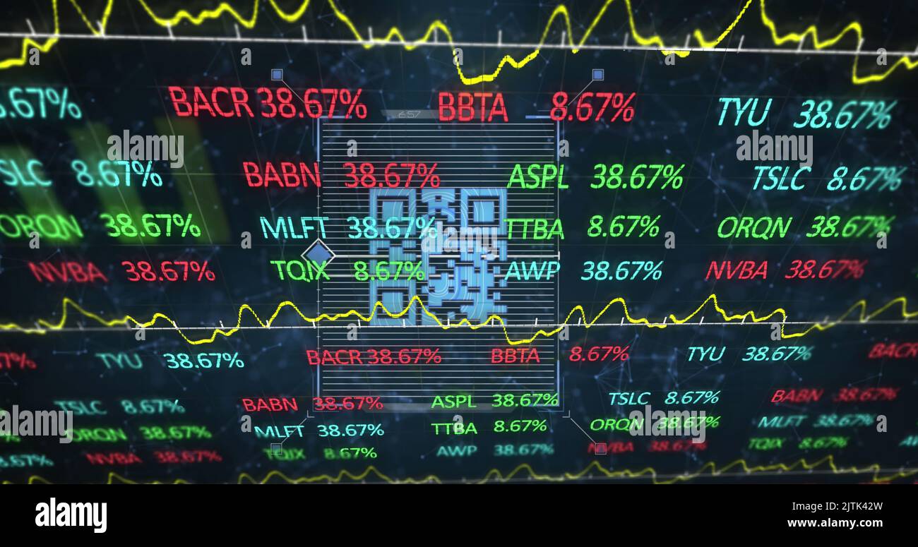 Image Of Stock Market Data Processing Over Qr Code Scanner Against