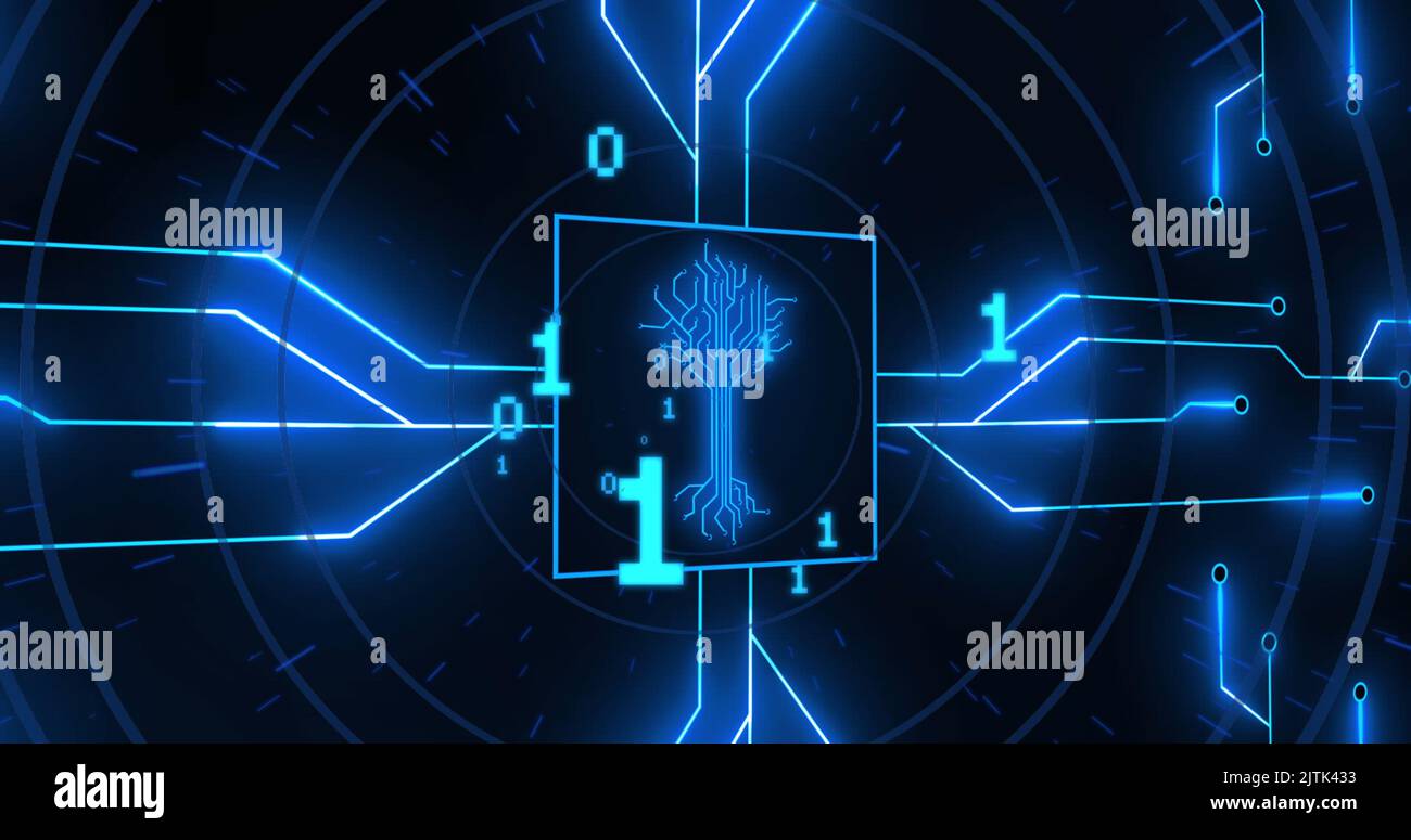 Image of binary code and integrated circuit in black digital space ...