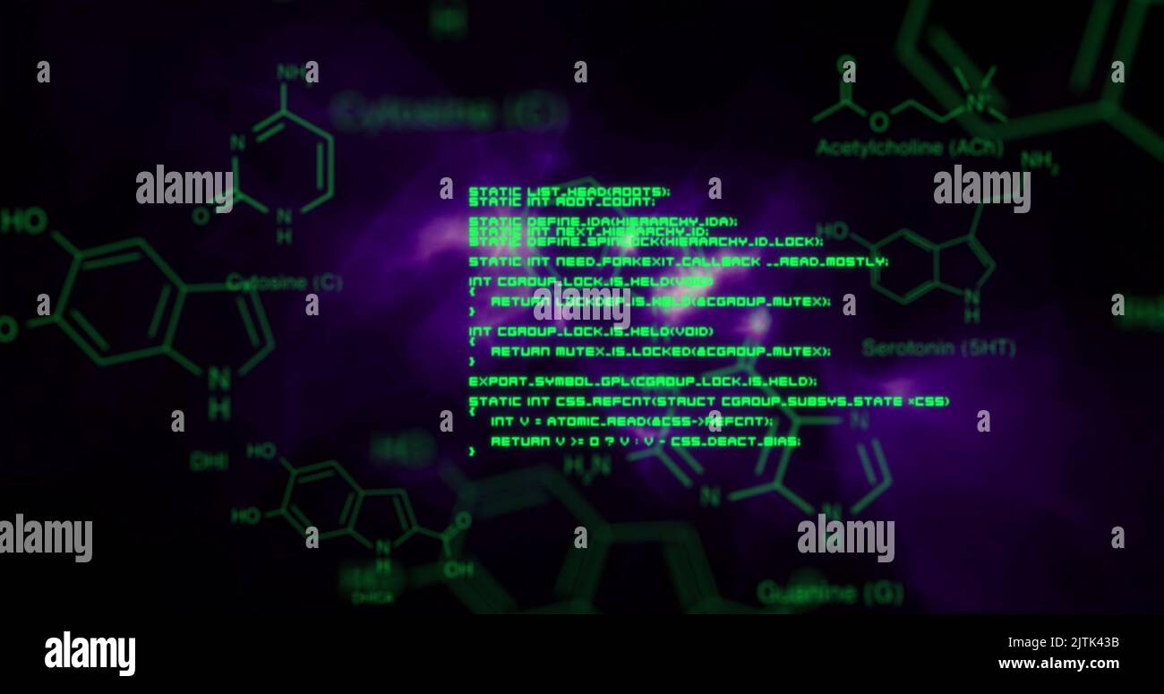 Image of chemical structures and data processing over purple digital ...