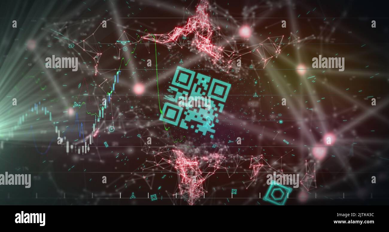 Image of financial data processing over qr code and connections Stock Photo - Alamy