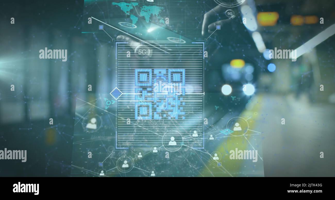 Image of multiple screens with data processing and qr code scanner over train at train station ...