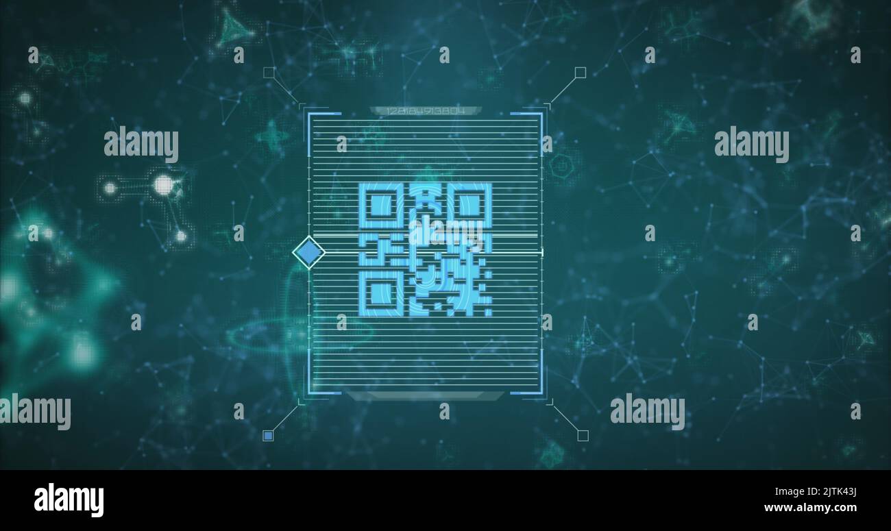 Image of scanner processing blue qr code over communication networks on ...