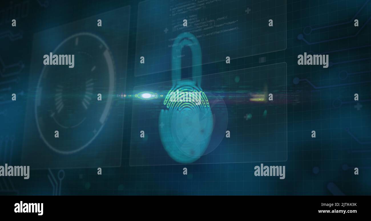 Image of security padlock icon over interface with data processing against blue background Stock ...