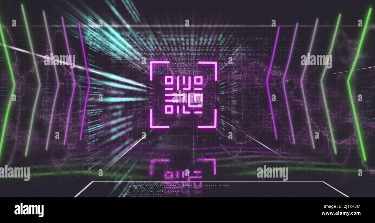 Image of pink qr code, neon lights and data processing on black background Stock Photo - Alamy