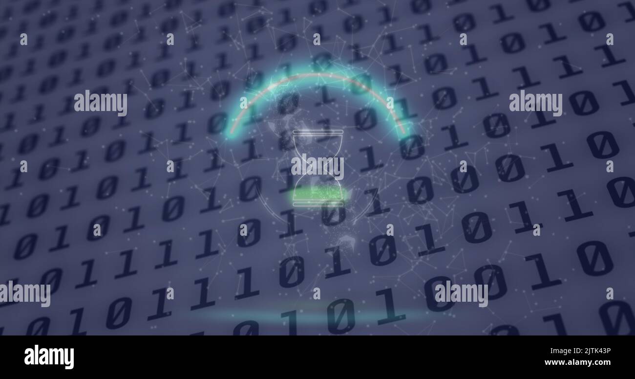 Image of neon circle with hourglass over binary code on digital screen Stock Photo - Alamy