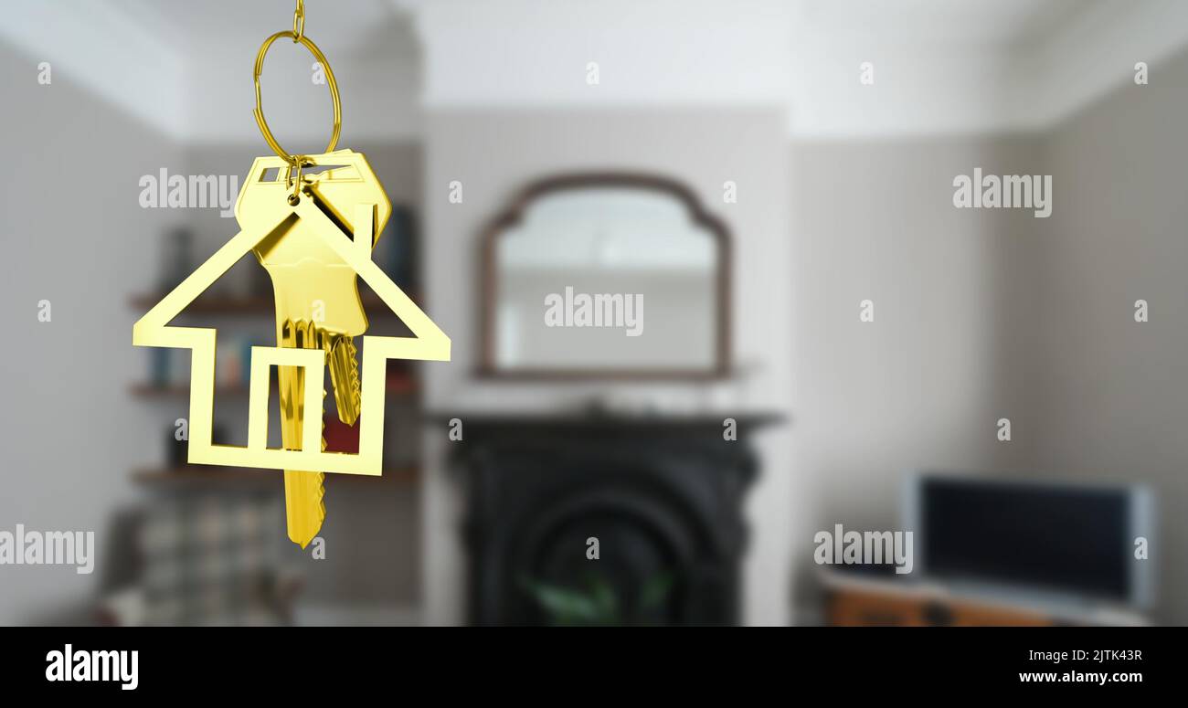 Image of golden key and house over house interior Stock Photo - Alamy