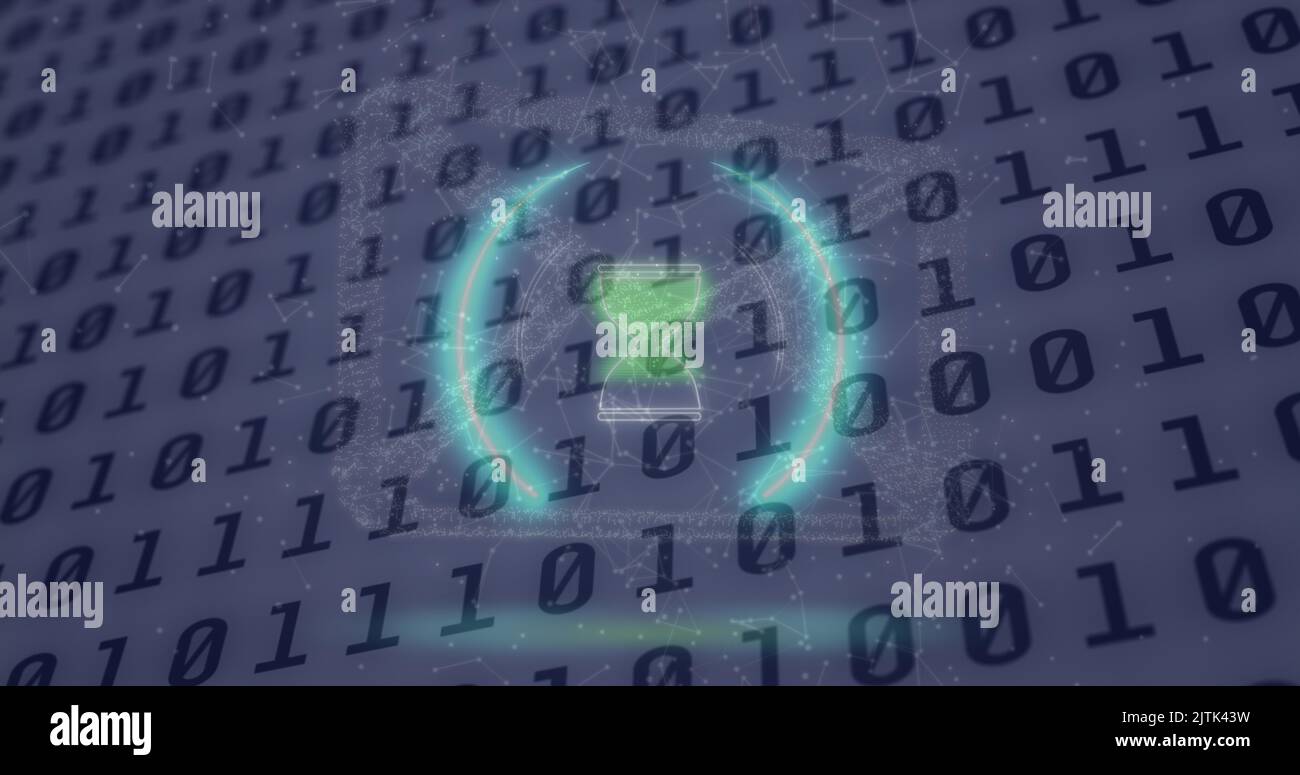 Image of neon circle with hourglass over binary code on digital screen Stock Photo - Alamy