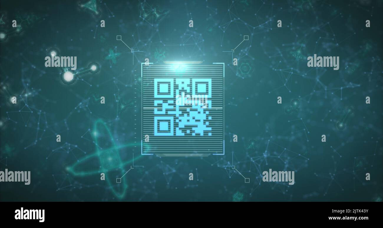 Image Of Scanner Processing Blue Qr Code Over Communication Networks On Dark Background Stock