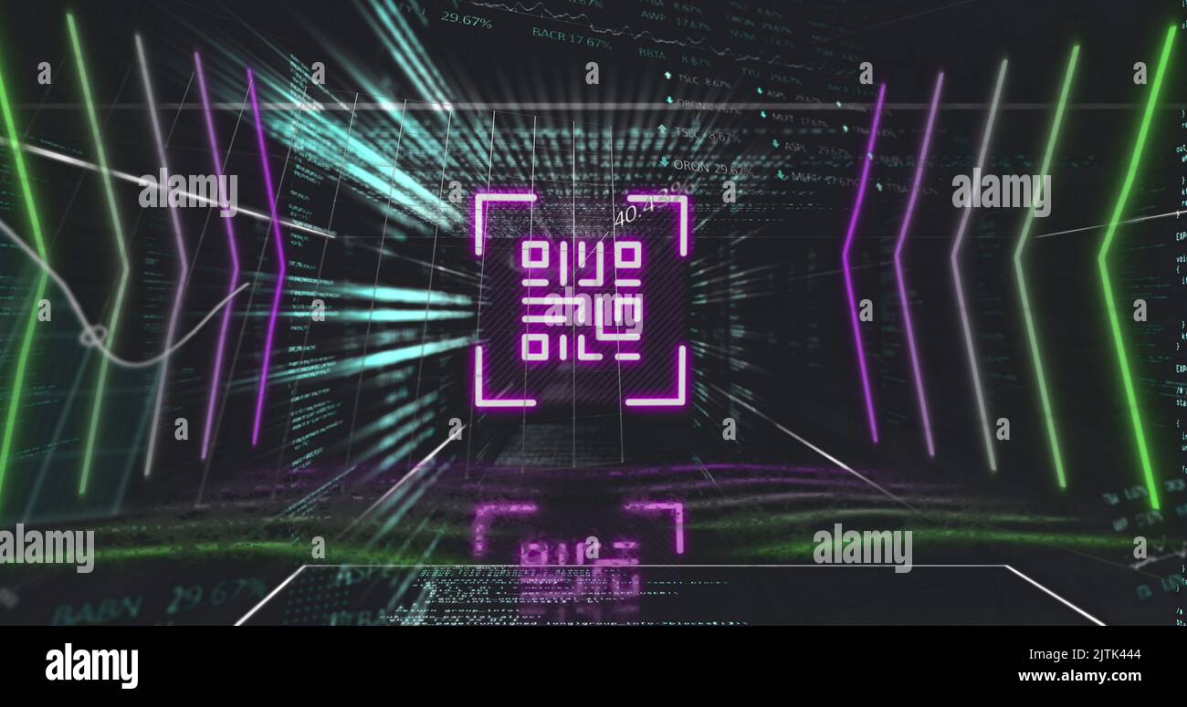 Image of pink qr code, neon lights and data processing on black ...