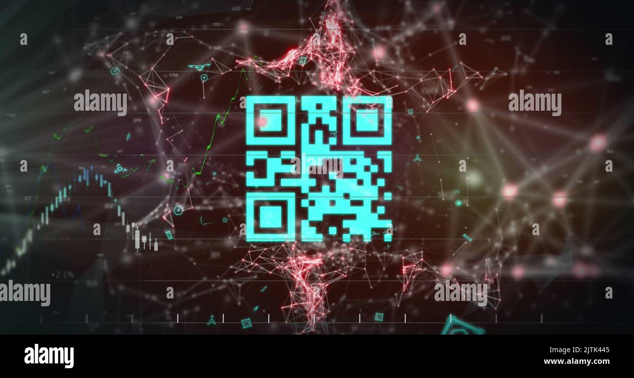 Image of financial data processing over qr code and connections Stock Photo - Alamy