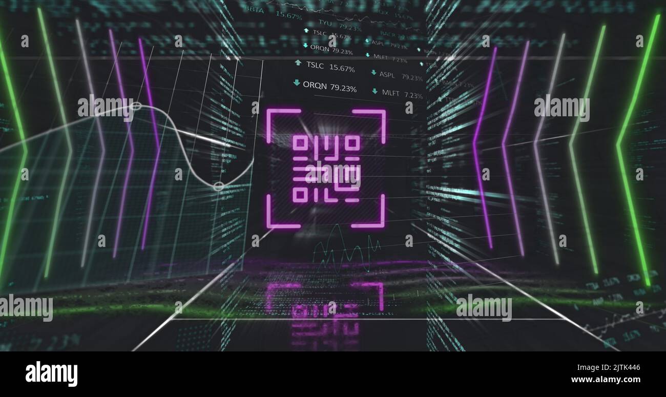 Image of pink qr code, neon lights and data processing on black ...
