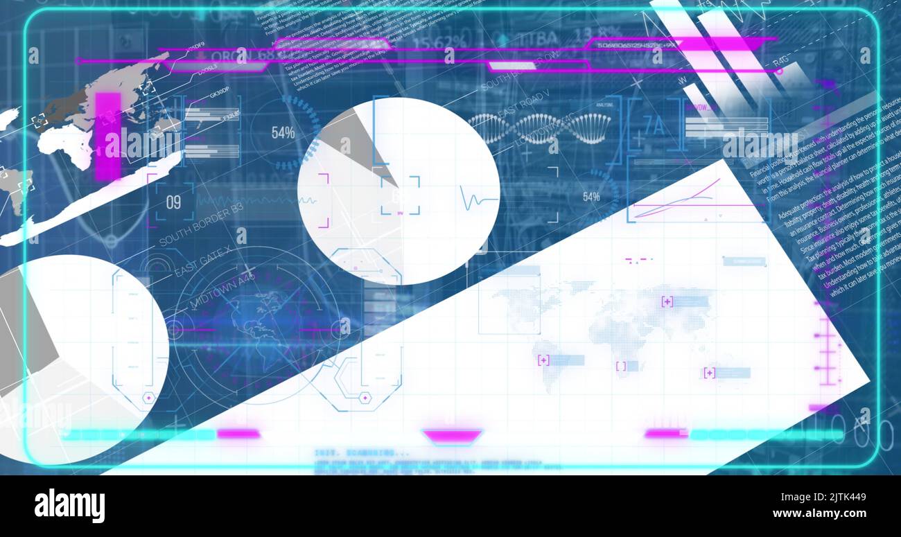 Image of moving graphs, dna helix, map and programming data over graphical infographic interface ...
