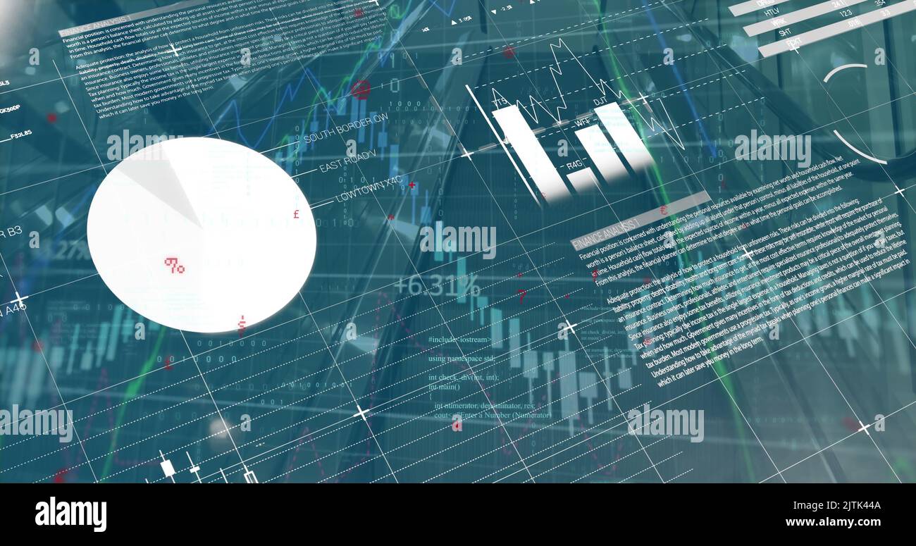 Digital image of various charts moving over grid pattern and programming language Stock Photo ...