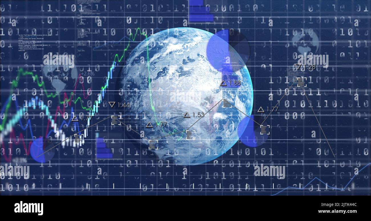 Image of globe, binary code, graphs and financial data on digital screen Stock Photo - Alamy