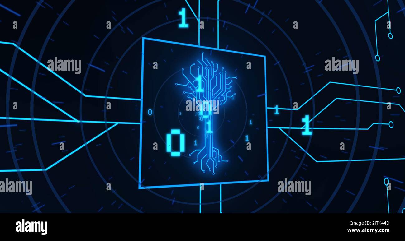 Image of binary code and integrated circuit in black digital space ...