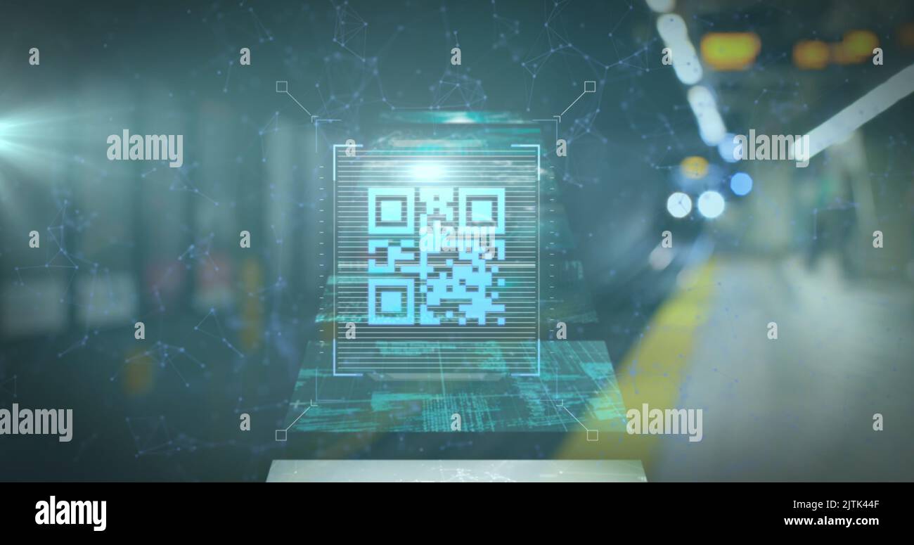 Image of multiple screens with data processing and qr code scanner over ...