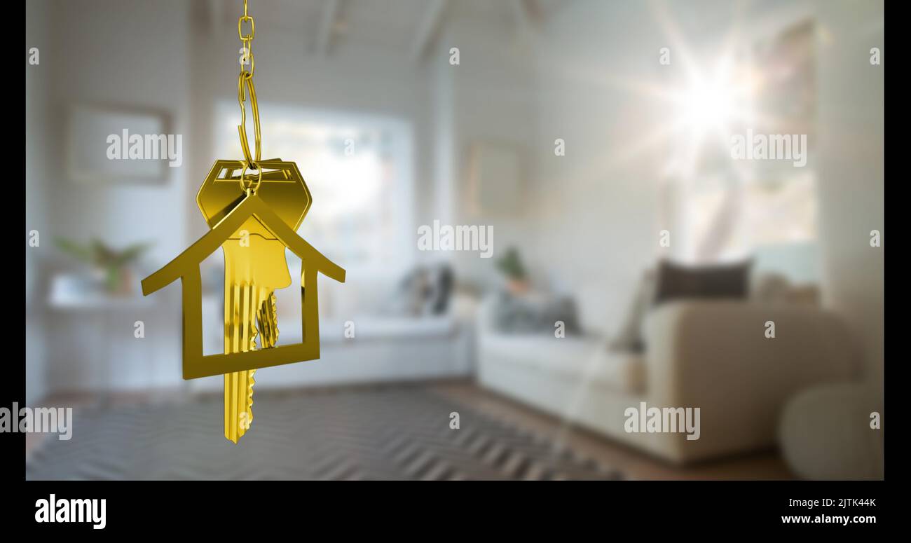 Image of golden key and house over house interior Stock Photo - Alamy