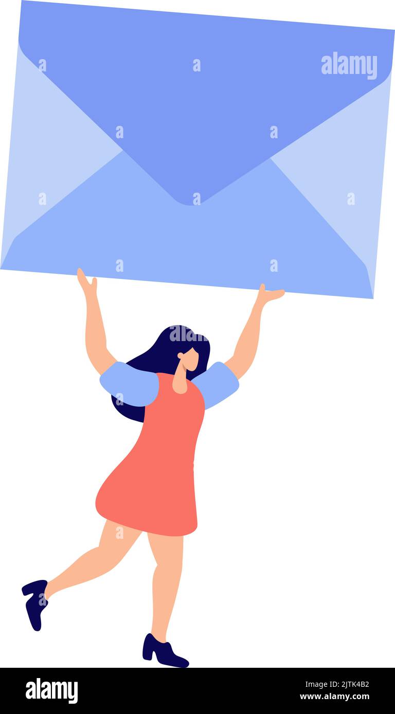 Cute tiny vector woman carrying huge envelope overhead. Female ...