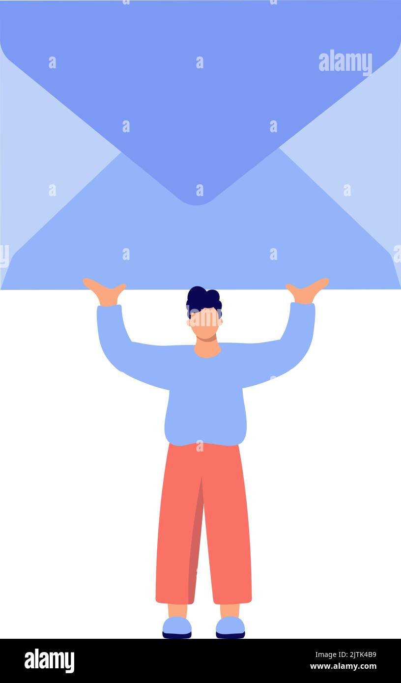 Cute tiny vector man carrying huge envelope overhead. Male character ...