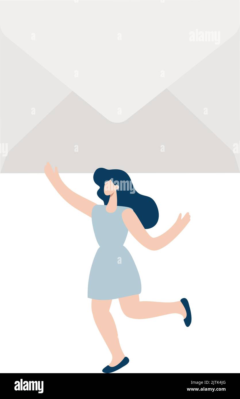 Cute tiny vector woman carrying huge envelope overhead. Female ...