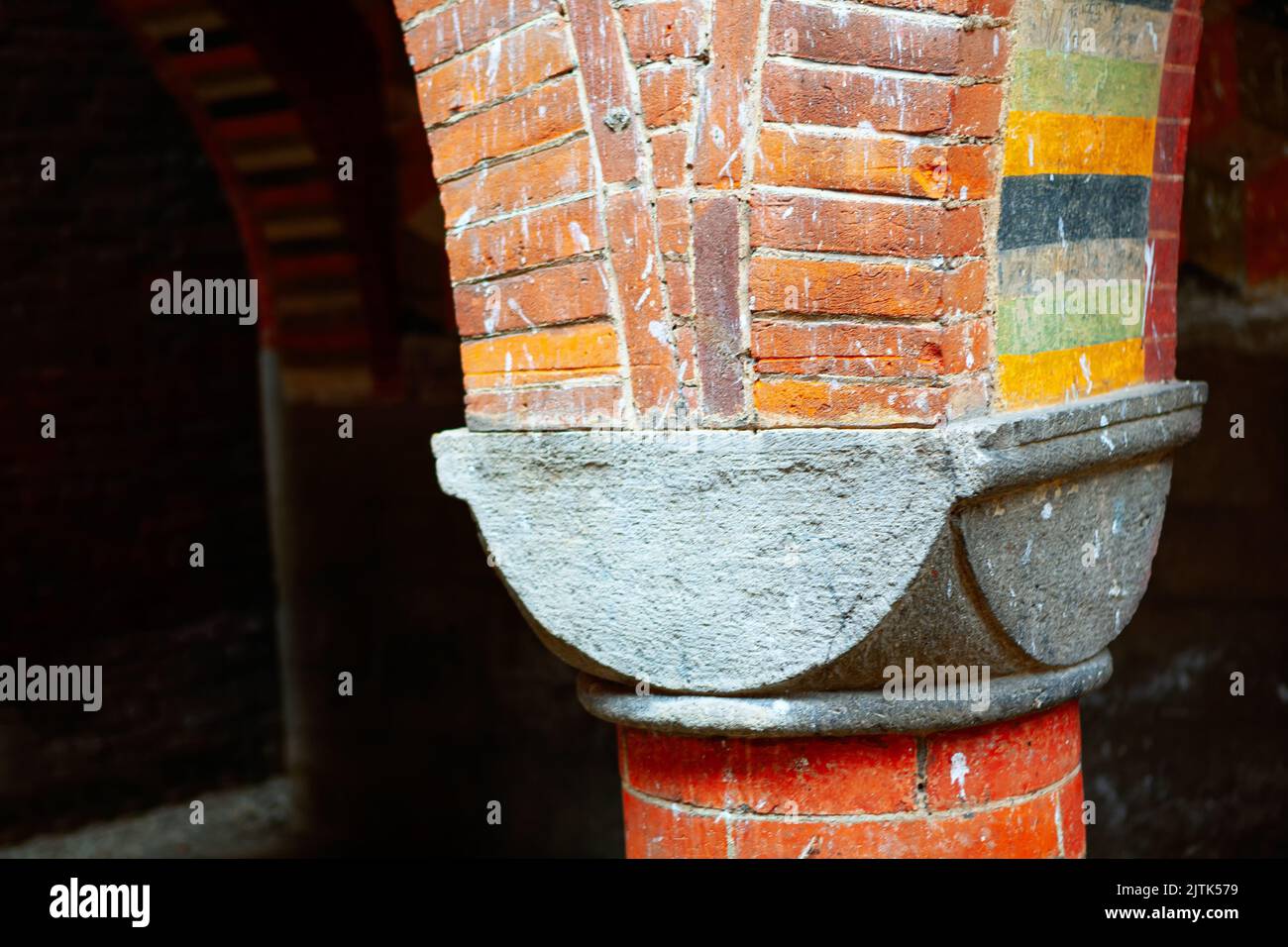 Architectural column at building interior . Arch made by bricks Stock ...