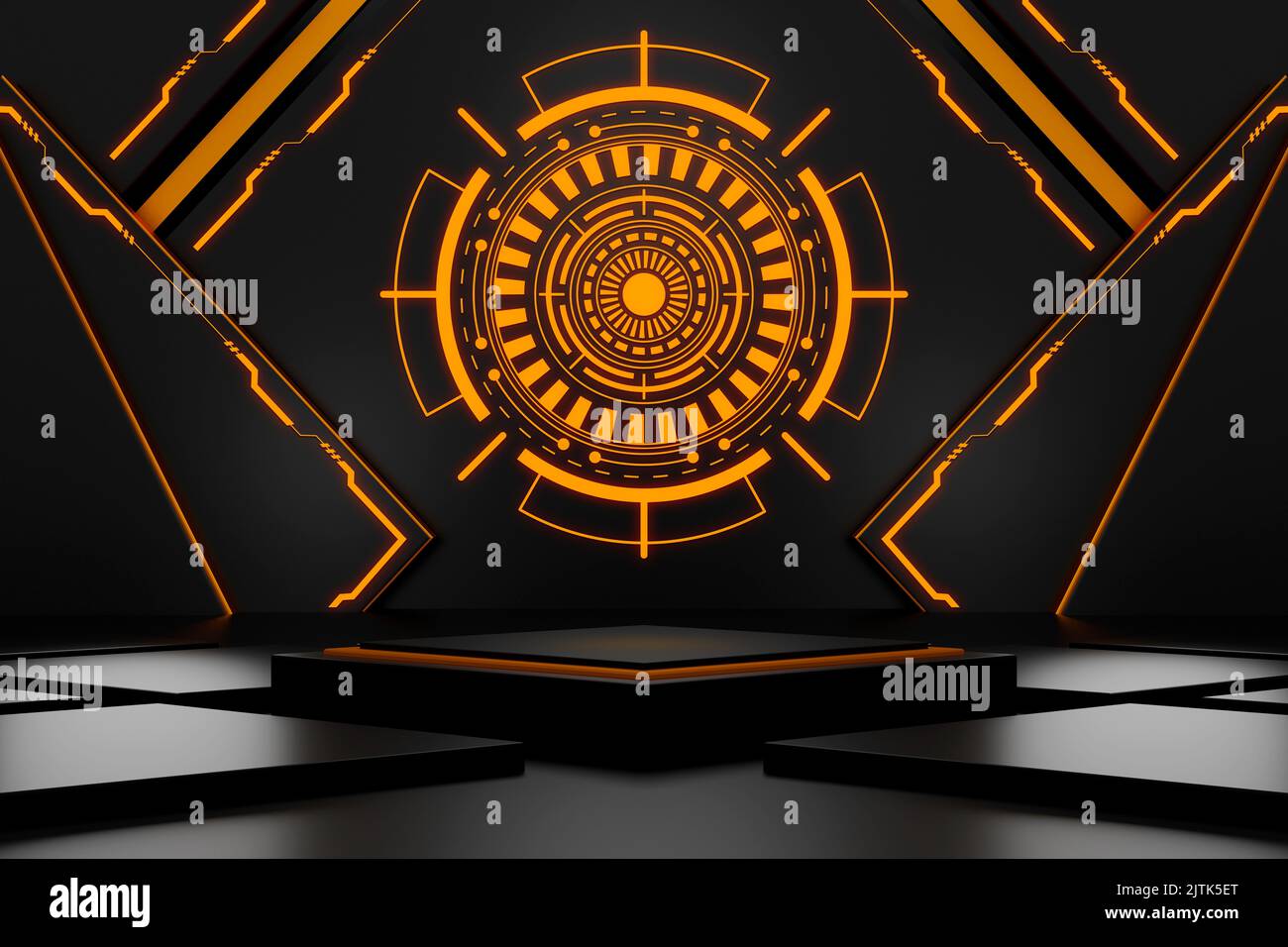 black geometric stage podium and neon light. dark scientific background ...