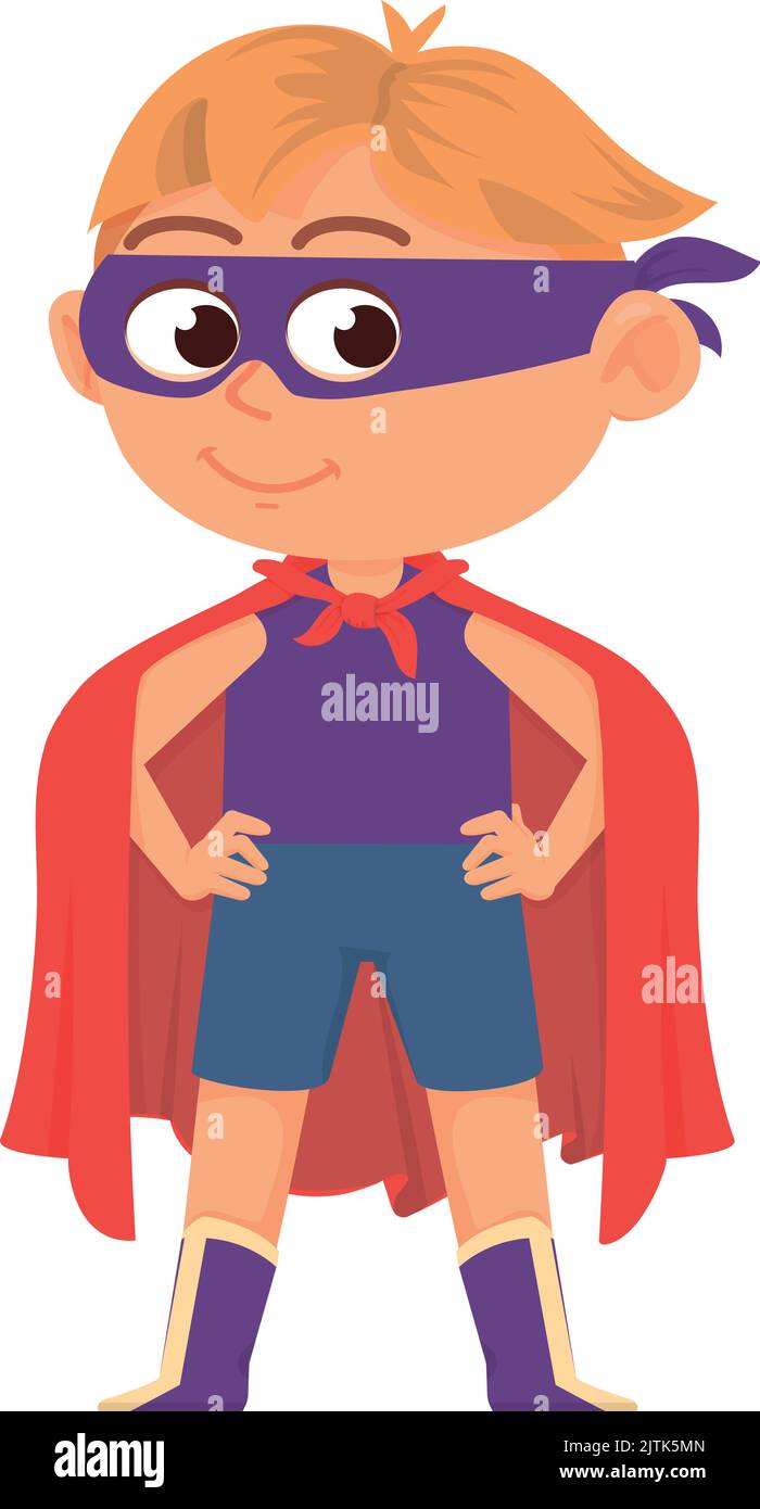 Boy in superhero pose and party costume. Happy cartoon kid Stock Vector ...