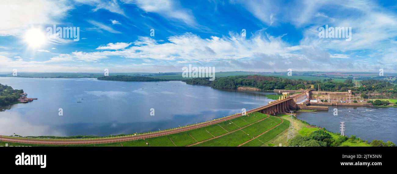Aerial view of Dam at reservoir with flowing water, hydroelectricity ...