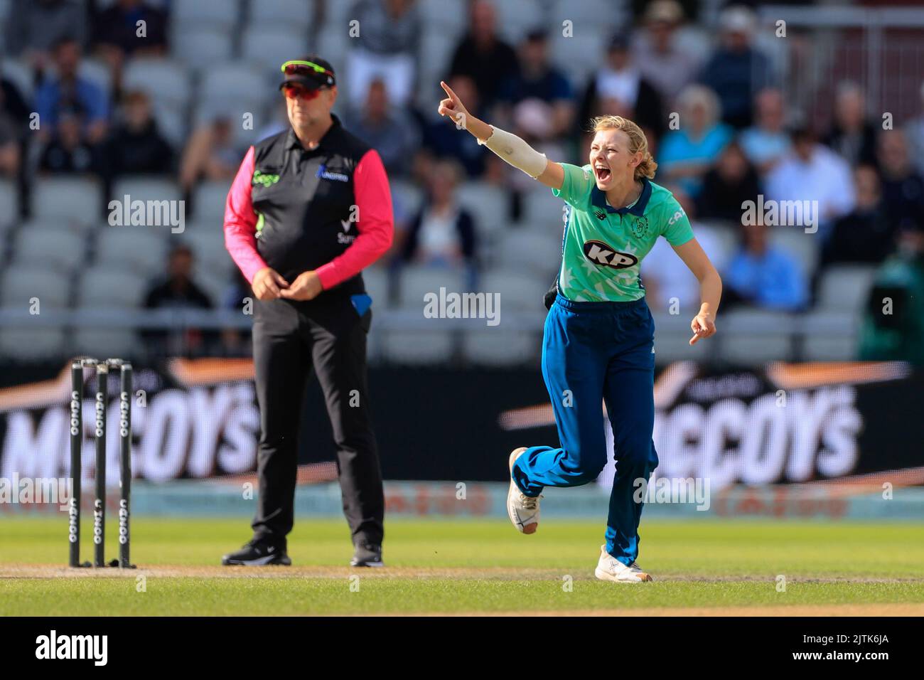 Sophie Smale of Oval Invincibles celebrates taking the wicket of Emma ...