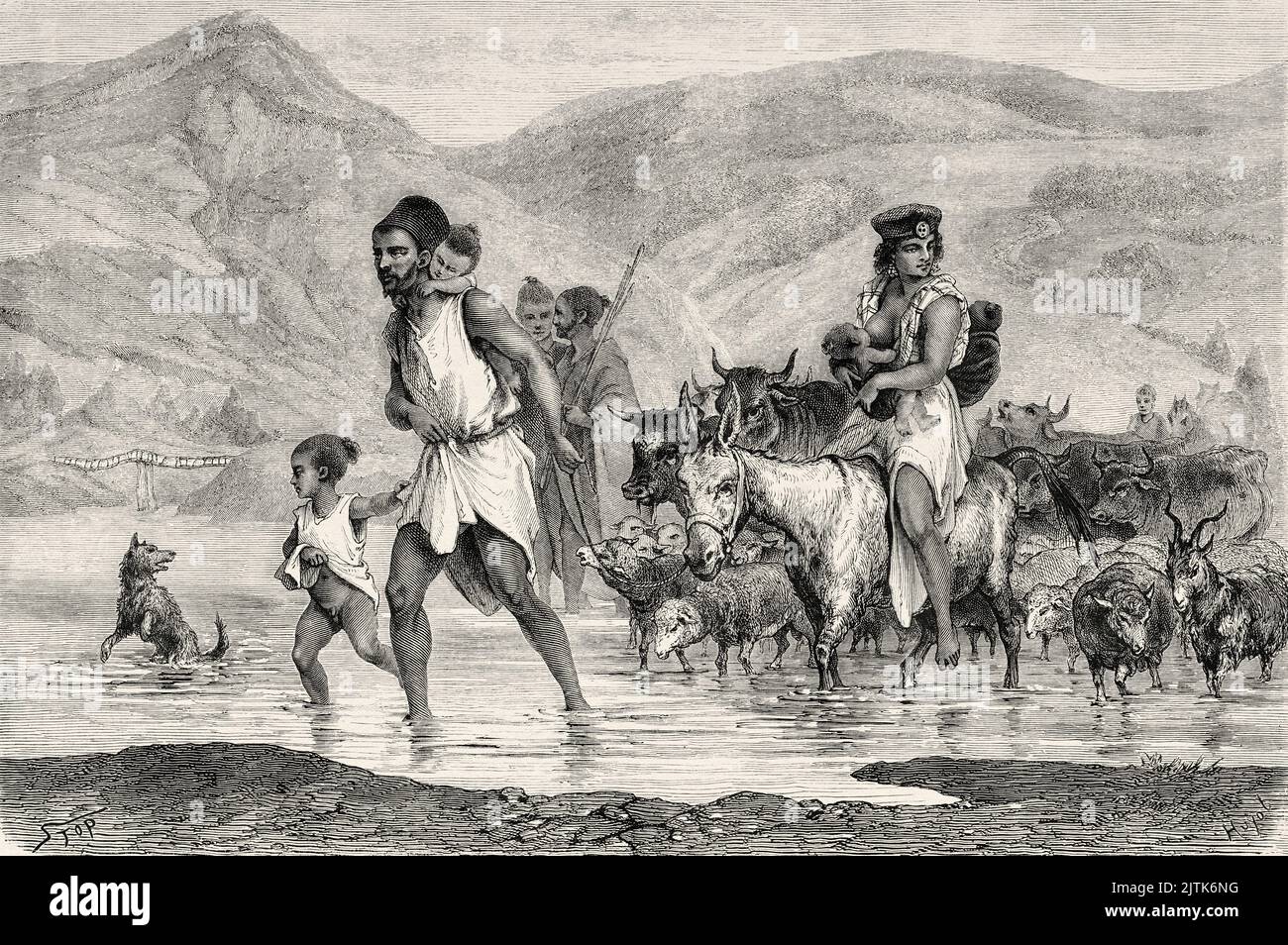 Family of Kabyle natives wading in a river, Kabylia. Northern Algeria ...