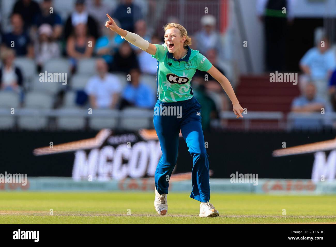 Sophie Smale of Oval Invincibles celebrates taking the wicket of Emma ...