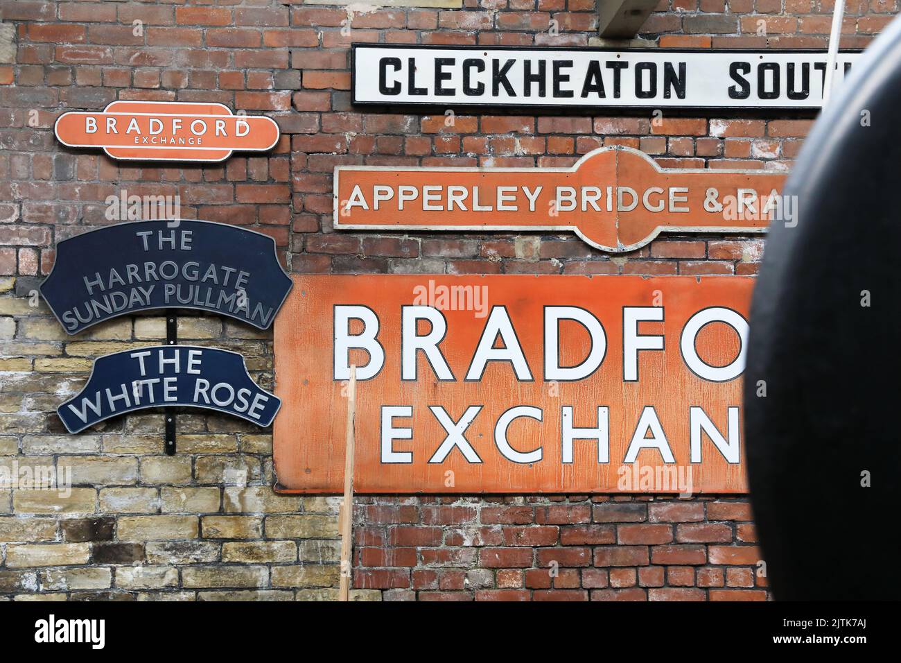 Heritage trains and signs at Bradford Industrial Museum, in Moorside ...