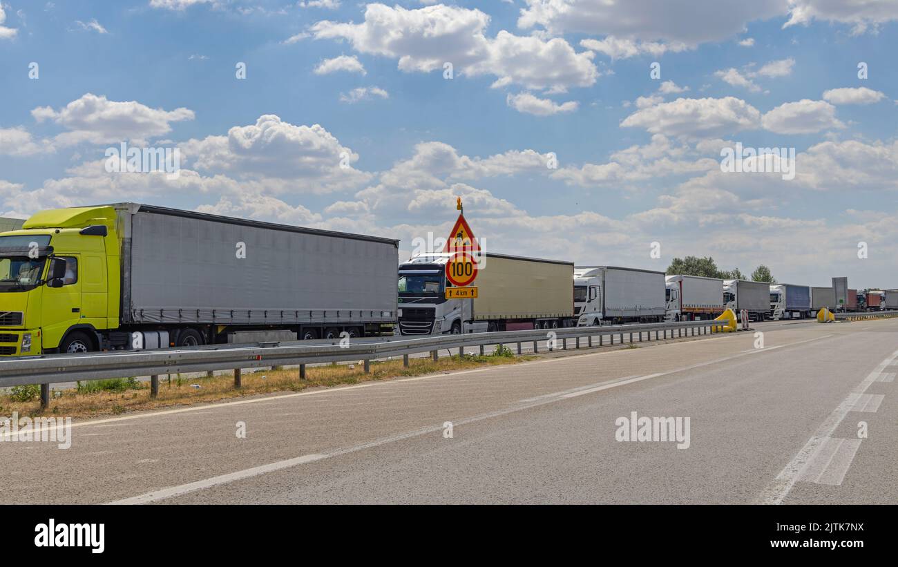 Long Queue of Cargo Trucks Stucked at European Union Border Entry Stock ...