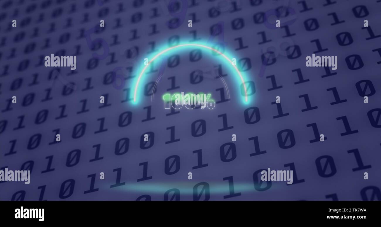 Image of neon circle with 100 percent over binary code Stock Photo - Alamy
