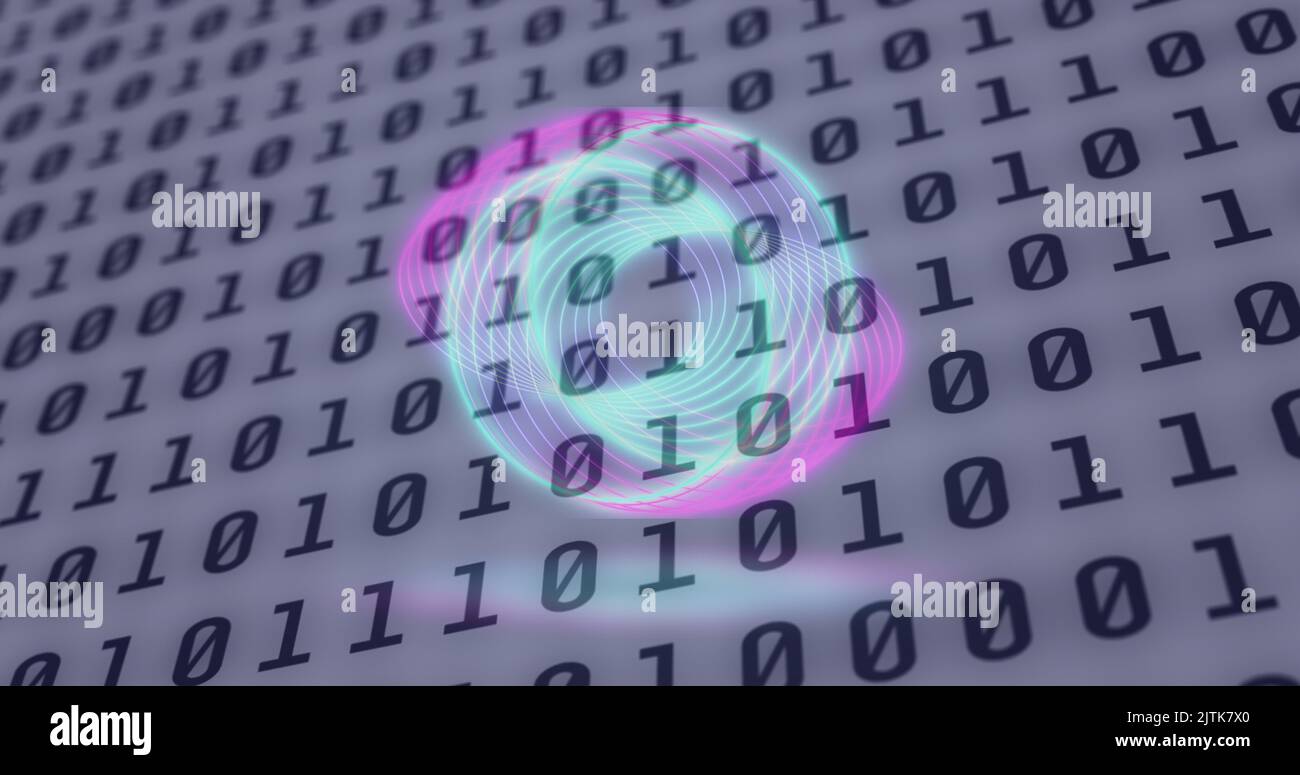 Image of neon circles over digital screen with binary code Stock Photo - Alamy