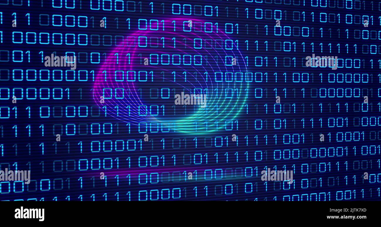 Image of neon circles over digital screen with binary code Stock Photo ...