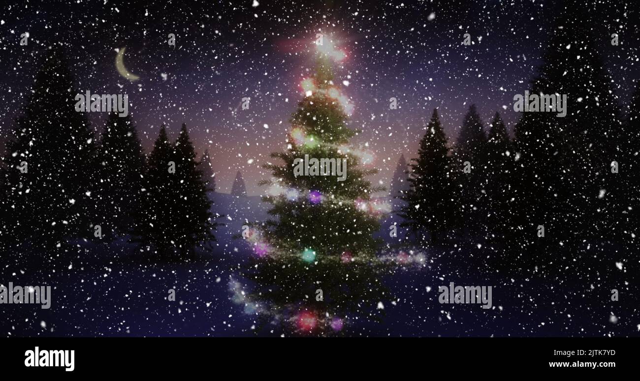 Image of snow falling over silver christmas neon lights Stock Photo - Alamy