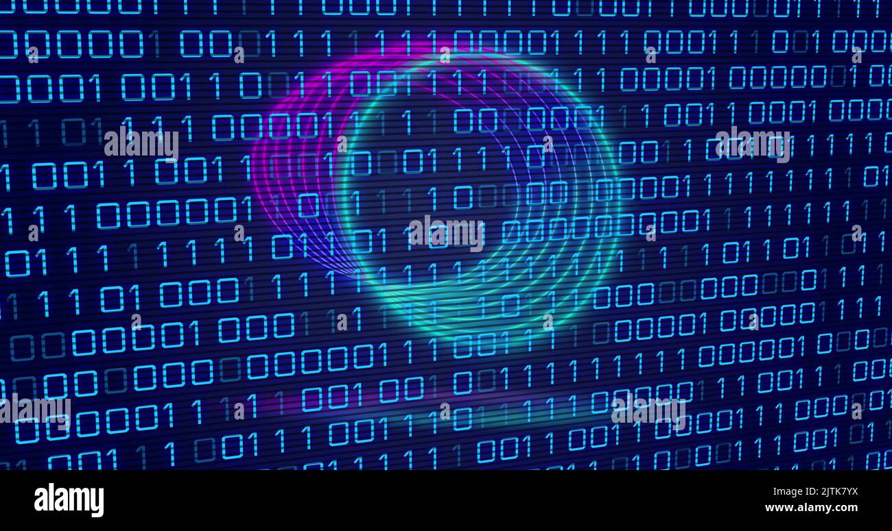 Image of neon circles over digital screen with binary code Stock Photo ...