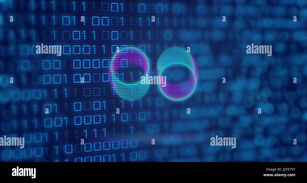 Image of neon circles over digital screen with binary code Stock Photo ...