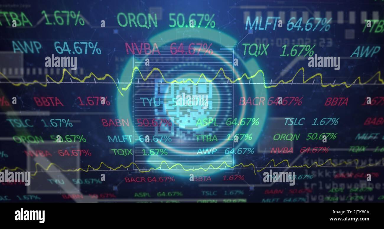 Image of scope scanning with qr code over stock market on black ...