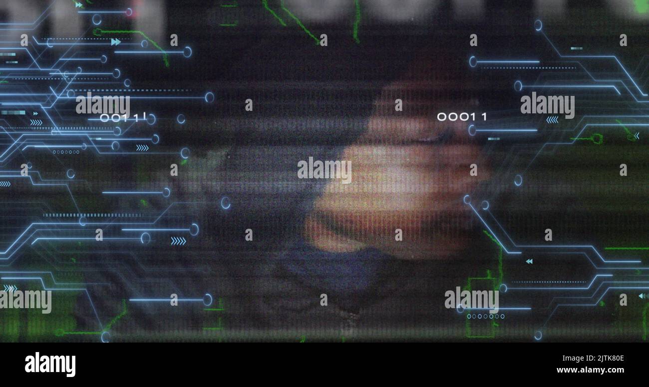 Image of binary code, integrated circuit and face of african american ...