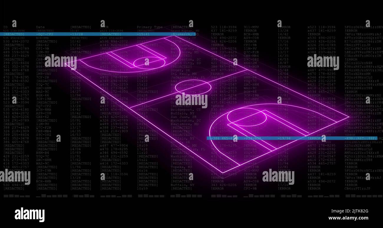 Image of computer graphic 3d neon soccer field over data processing on ...