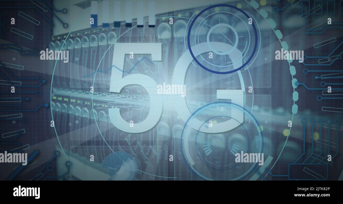 Image of 5g text banner and round scanners over close up of a computer server Stock Photo - Alamy