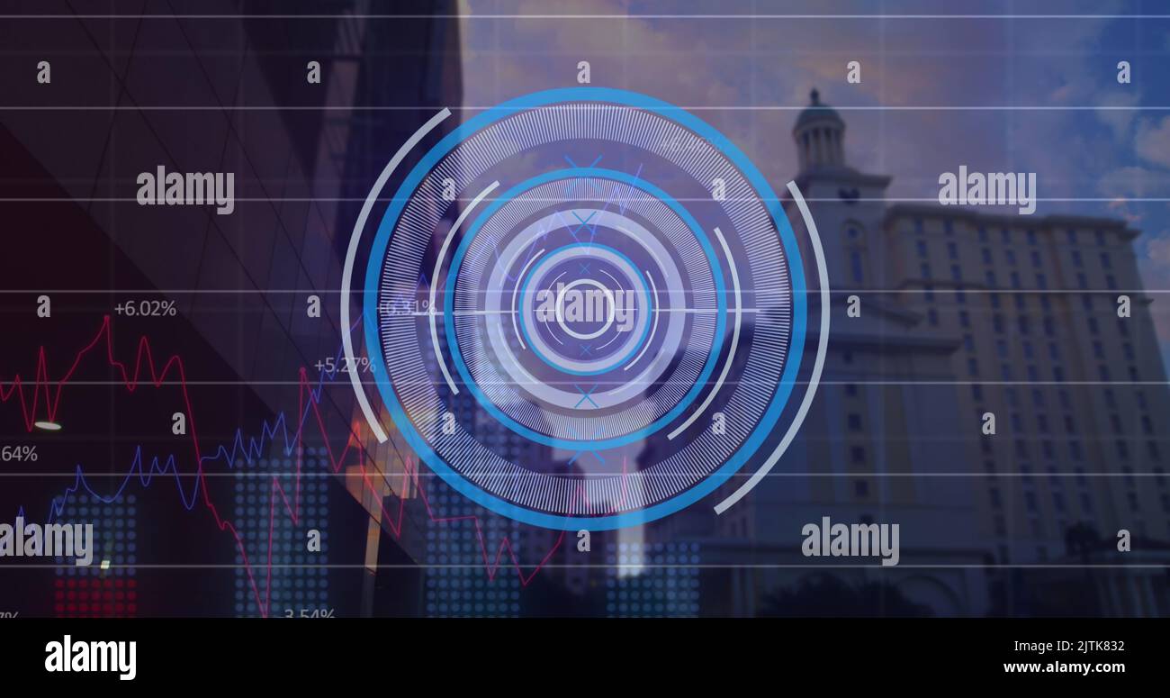 Image of round scanner and statistical data processing against tall ... Image of round scanner and statistical data processing against tall ...